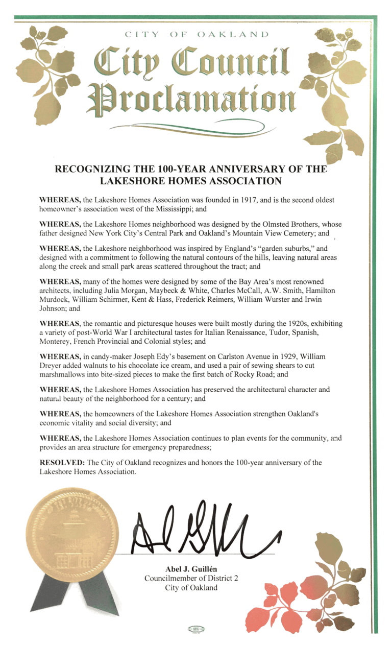 100th Anniversary Proclamation by City of Oakland : Lakeshore Homes ...